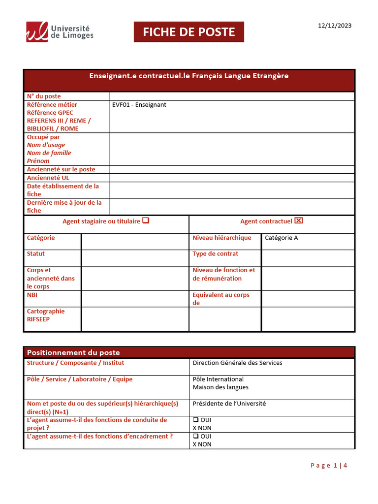 Fiche de Poste Enseignant FLE | PDF
