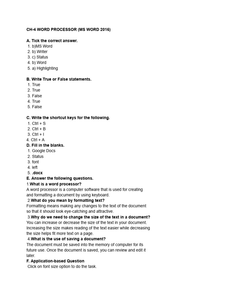 Ch-4 Word Processor (Ms Word 2016) Textbook Exercises | PDF