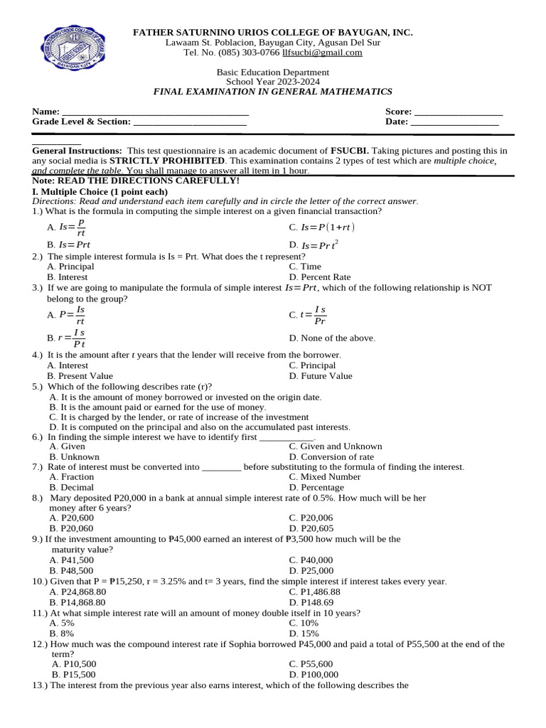1st FINAL TERM EXAMINATION FOR GEN - MATH | PDF