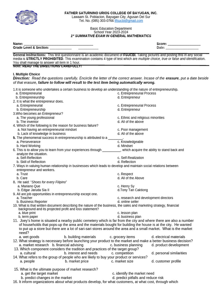 1st FINAL TQ FOR ENTREP. | PDF