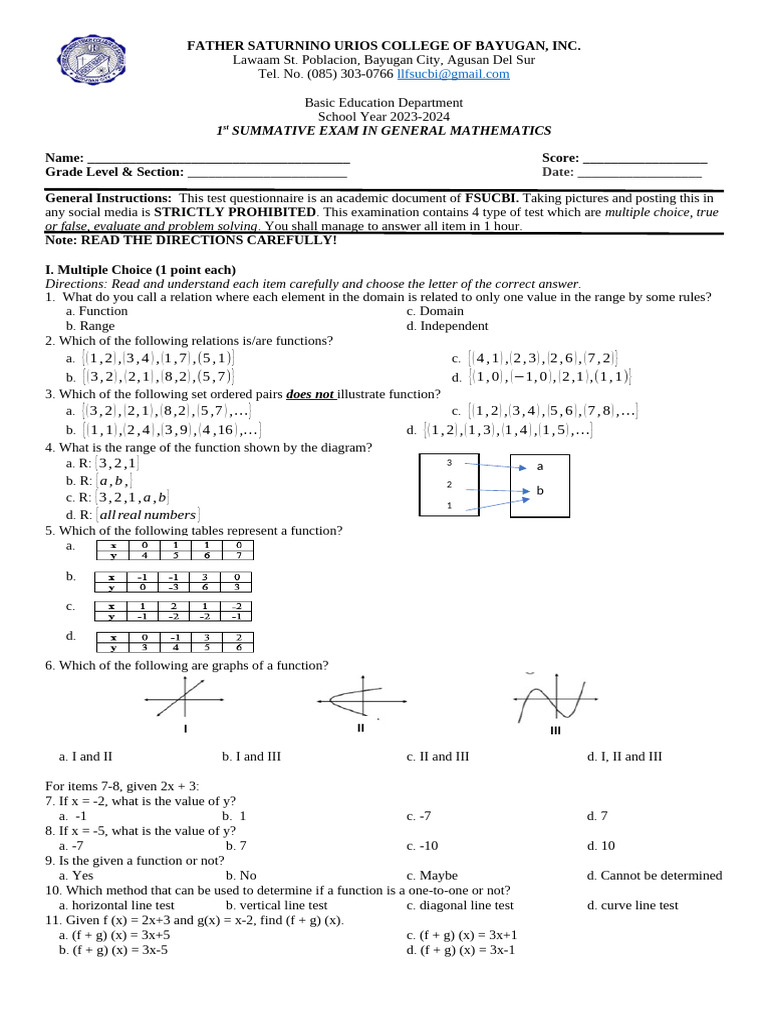1st FINAL TQ FOR GEN MATH | PDF