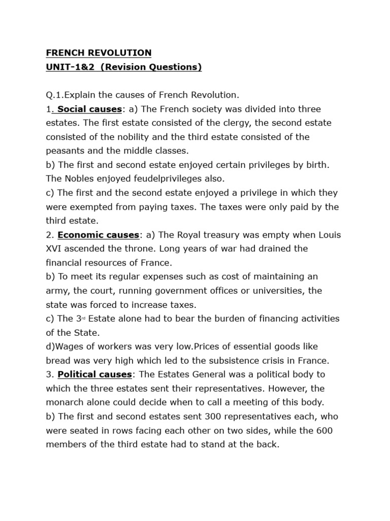 French Revolution - Revision Questions Unit 1-2 | PDF