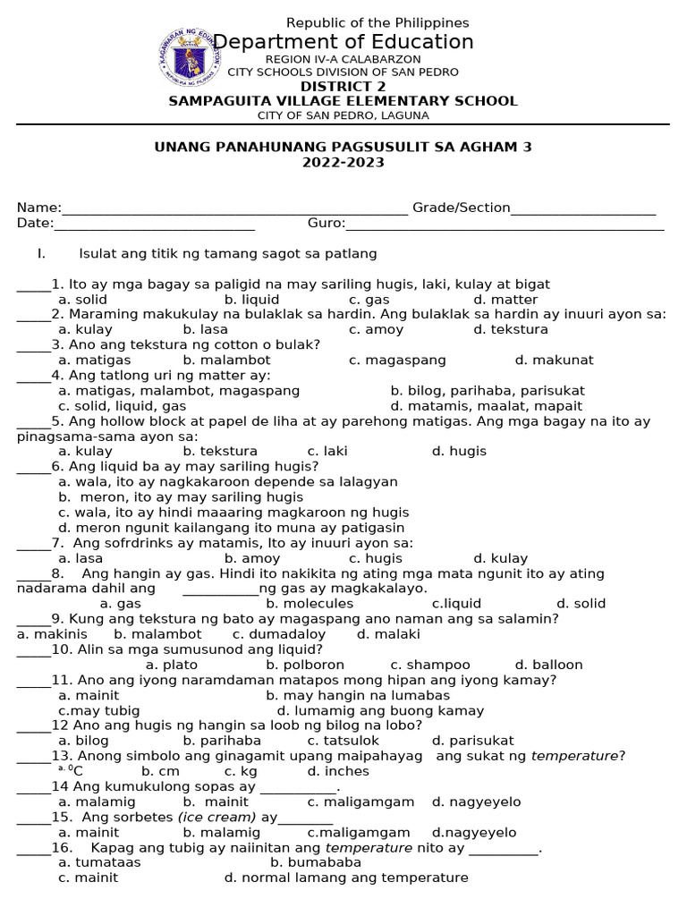 1st Periodical Test Science 3 | PDF