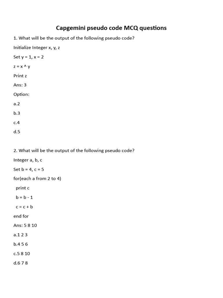 Capgemini Pseudo Code MCQ Questions | PDF