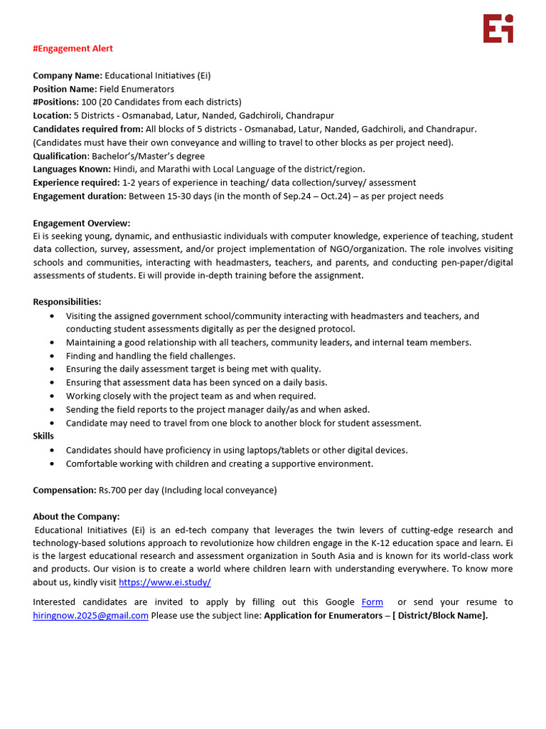 JD - Field Enumerators-MH - 25aug2024 | PDF