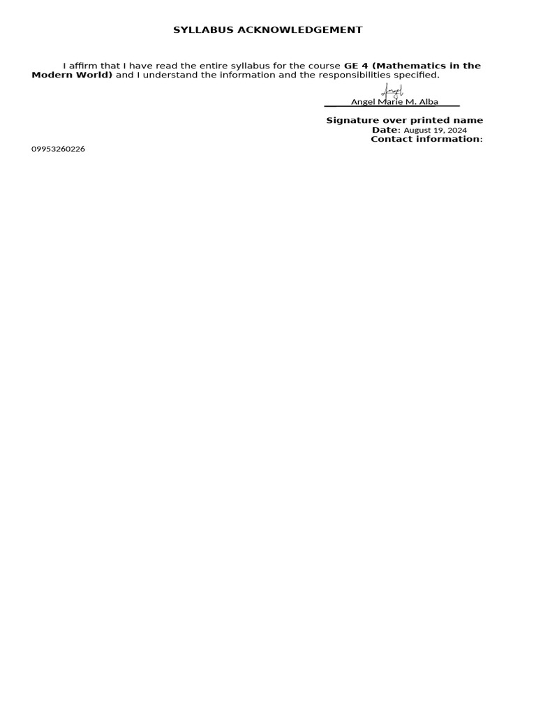 Ge 4 (Math) Syllabus Acknowledgement | PDF