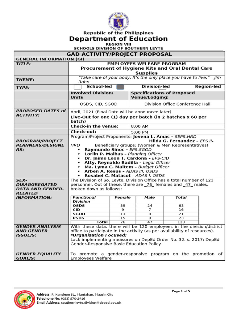 Sample - GAD Activity Proposal Procurement of Hygiene Kits and Oral ...