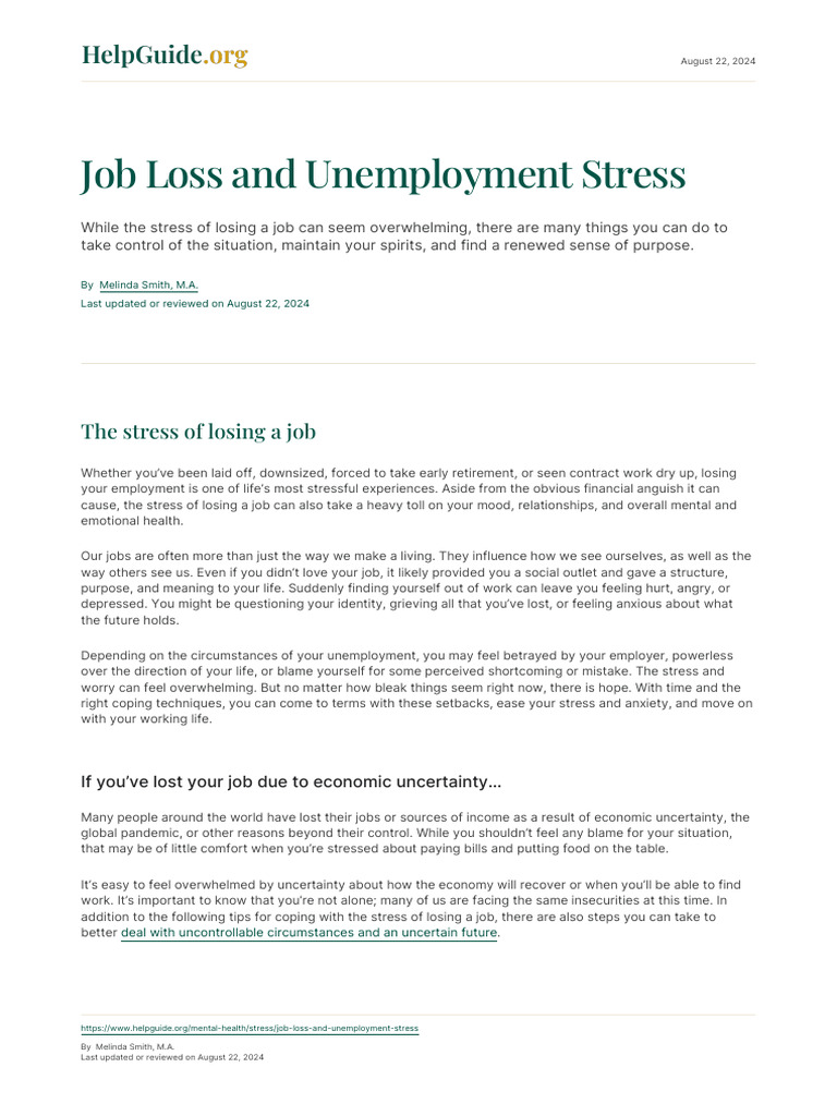 Job Loss and Unemployment Stress | PDF