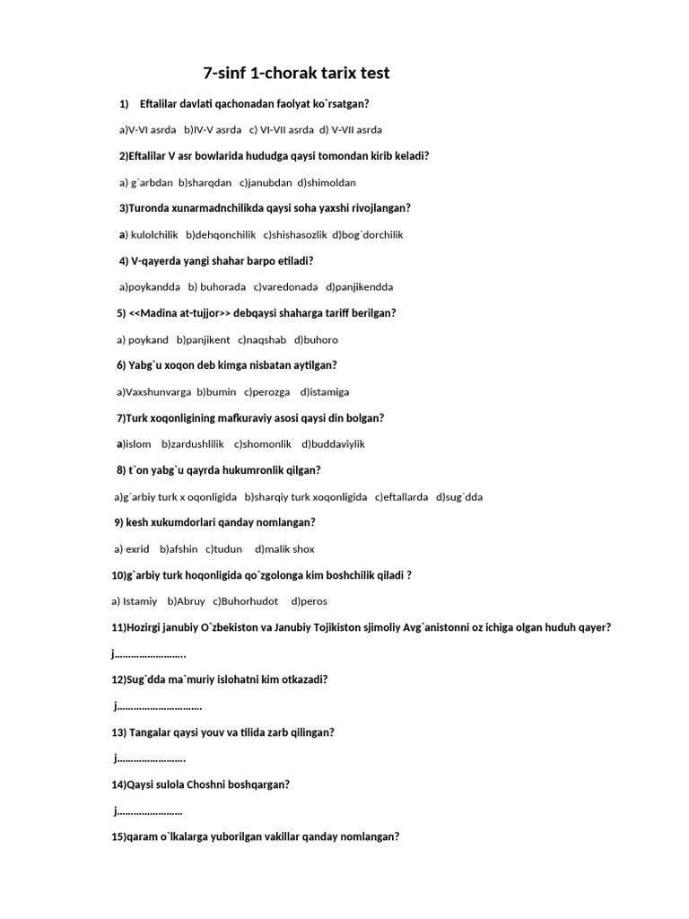 7-Sinf 1-Chorak Test | PDF