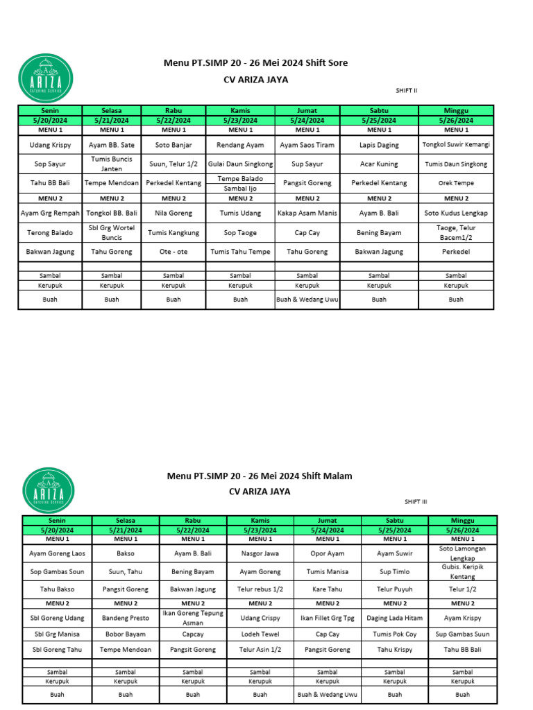Menu PT.simp 20 - 26 Mei 2024 Shift Sore Malam_ref2 | PDF
