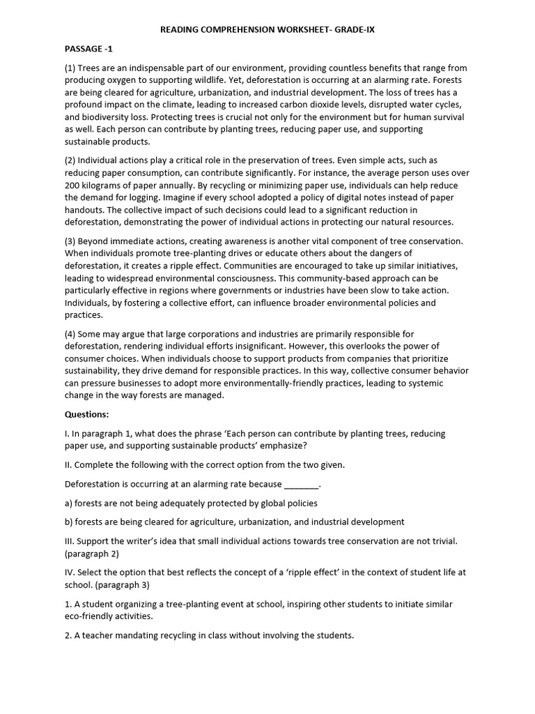 Reading Comprehension Worksheet-Ix | PDF