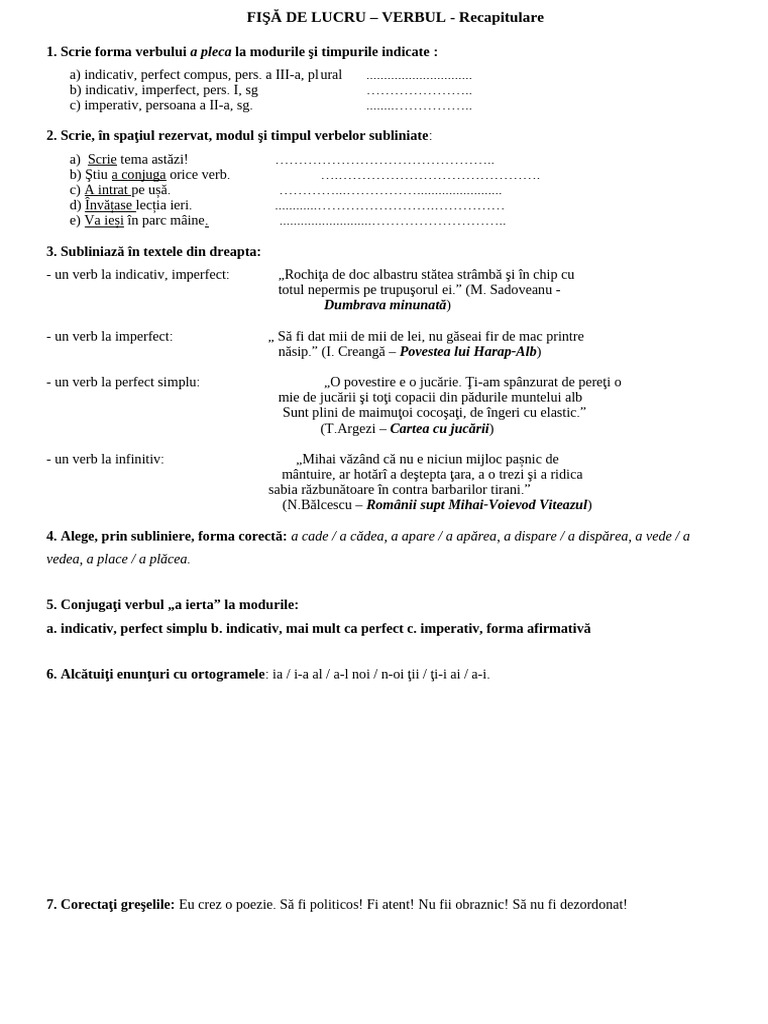 2 Fisa de Lucru Verbul | PDF