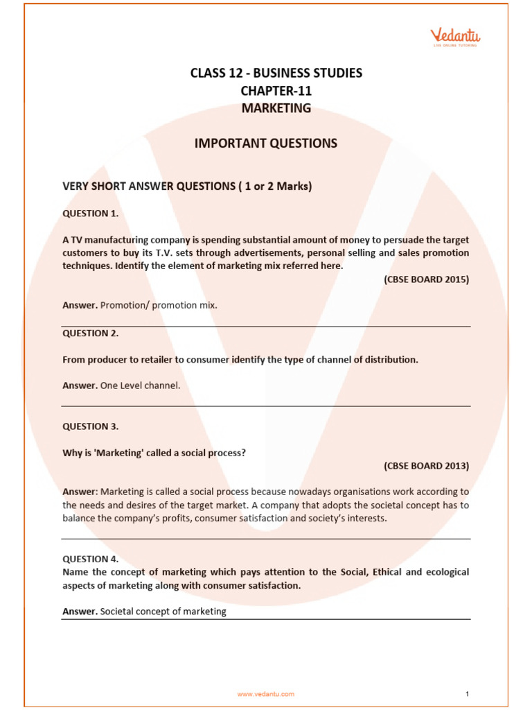 Important Marketing Questions Class 12 | PDF | Elasticity (Economics ...