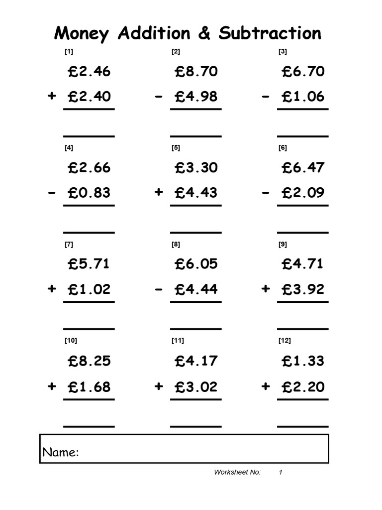 Money Addition and Subtraction 3 Digits | PDF