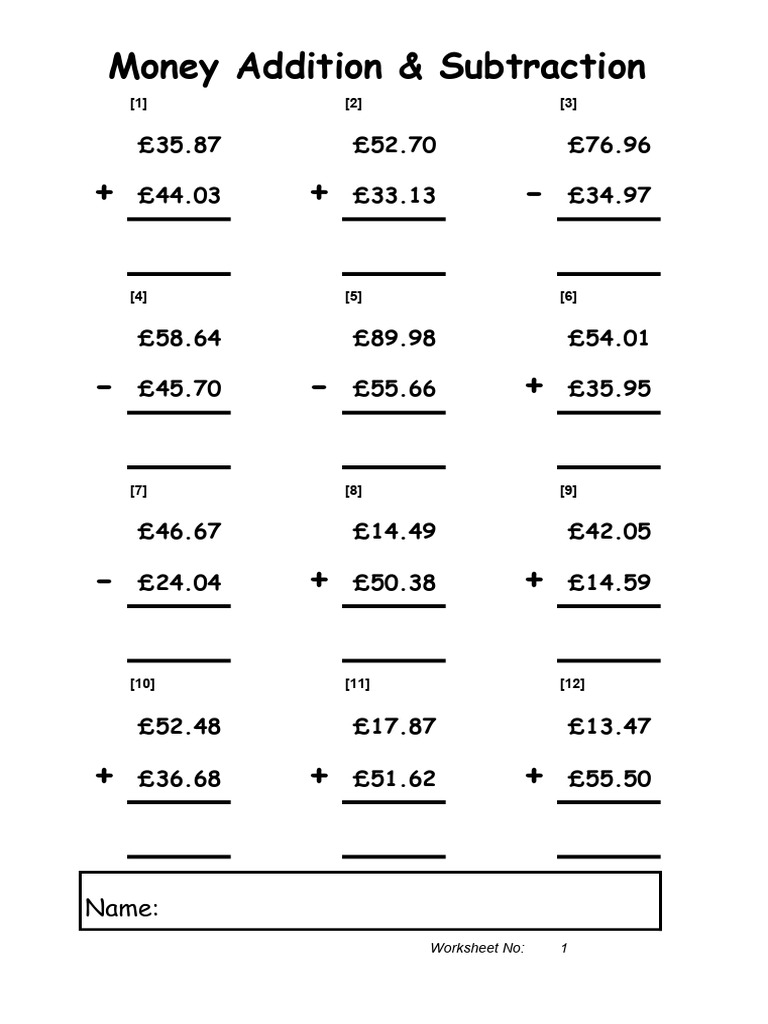 Money Addition and Subtraction 4 Digits | PDF