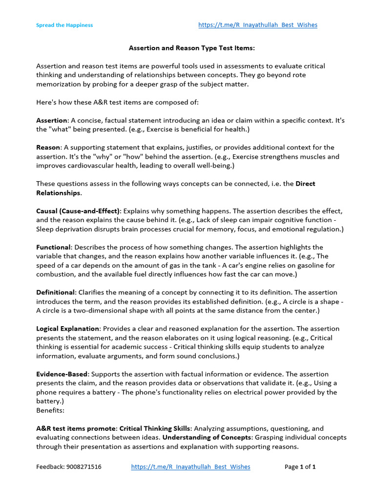 Assertions_and_Reasons_A&R_Test_Items_Purpose,_Direct_Relationships | PDF