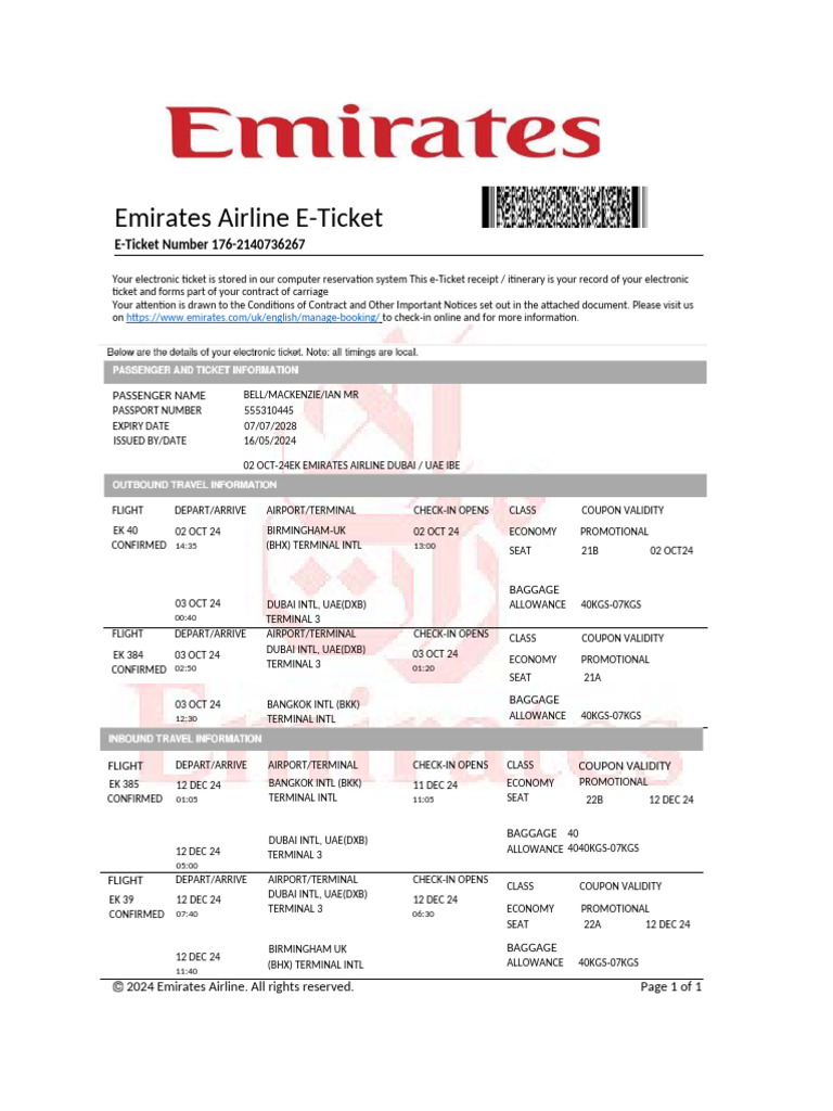 Emirates E Ticket | PDF