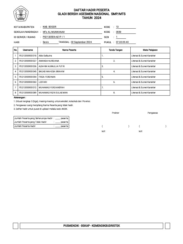 daftar hadir senin 1 | PDF