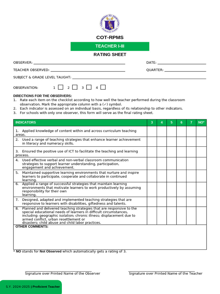 COT-RPMS Rating Sheet 2024-2025 | PDF | Teachers | Career & Growth