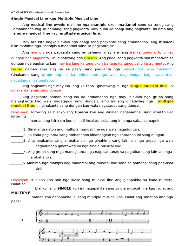 4th QUARTER Worksheet in Music 2 PE Week 5 6 | PDF