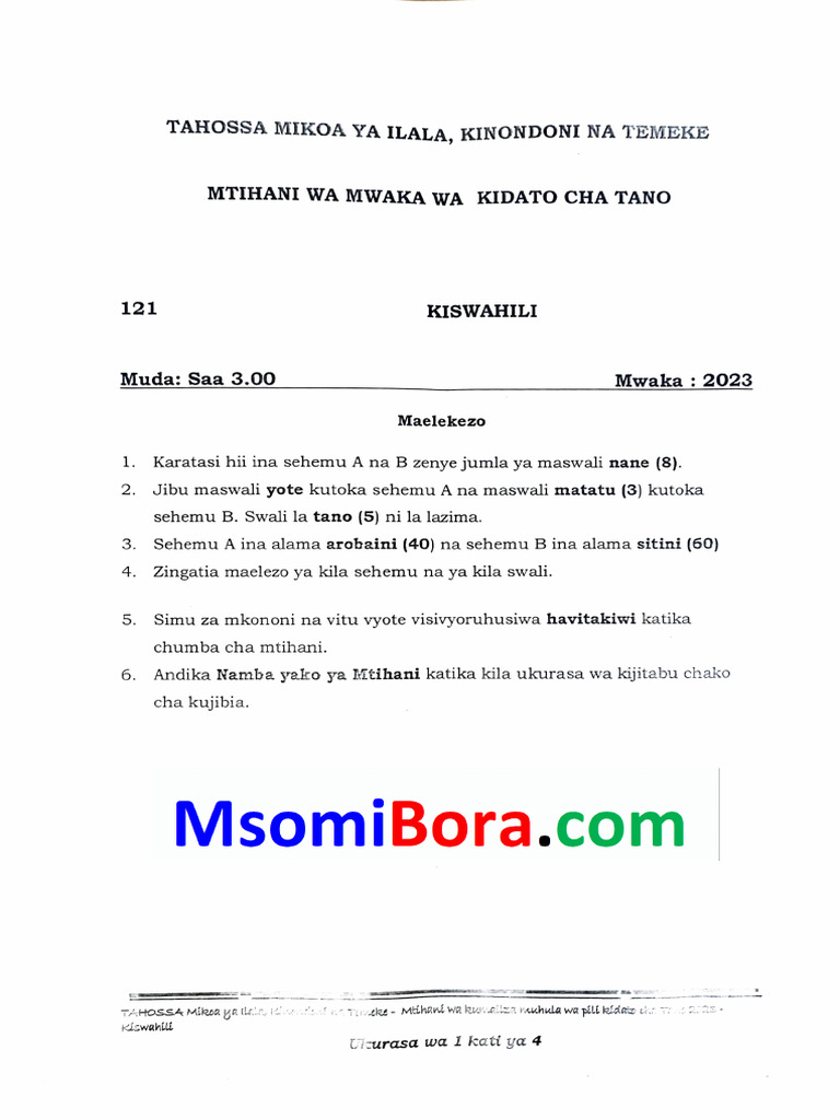Mtihani Wa Mwaka Wa Kidato Cha Tano - Tahossa DSM - 2023 | PDF