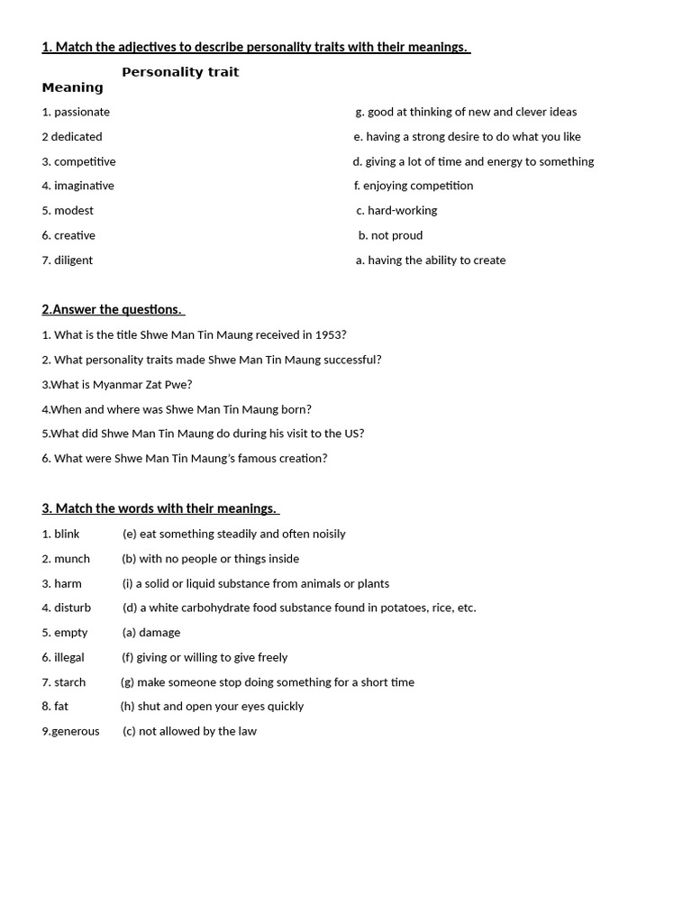 Match The Adjectives To Describe Personality Traits With Their Meanings ...