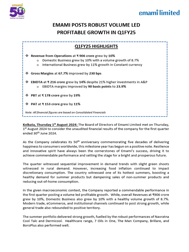 Emami LTD Press Release | PDF