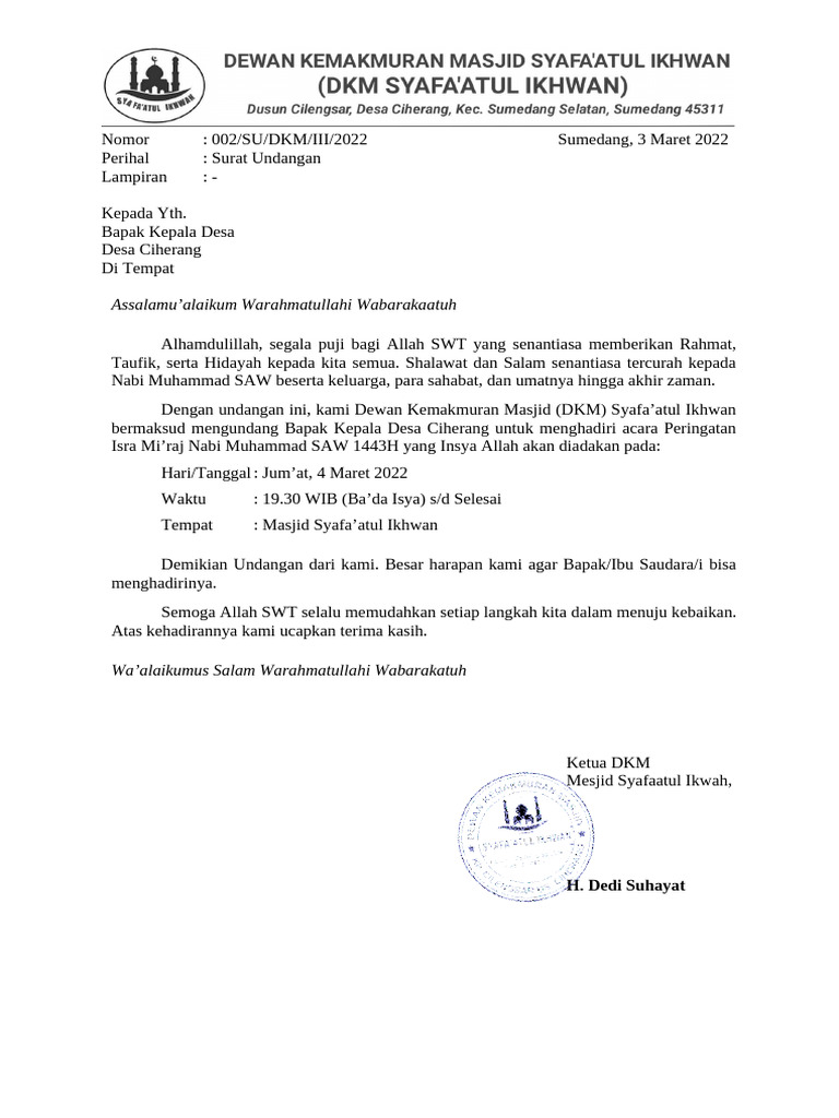 SURAT SURAT DKM Undangan Kepala Desa Isro Miraj | PDF