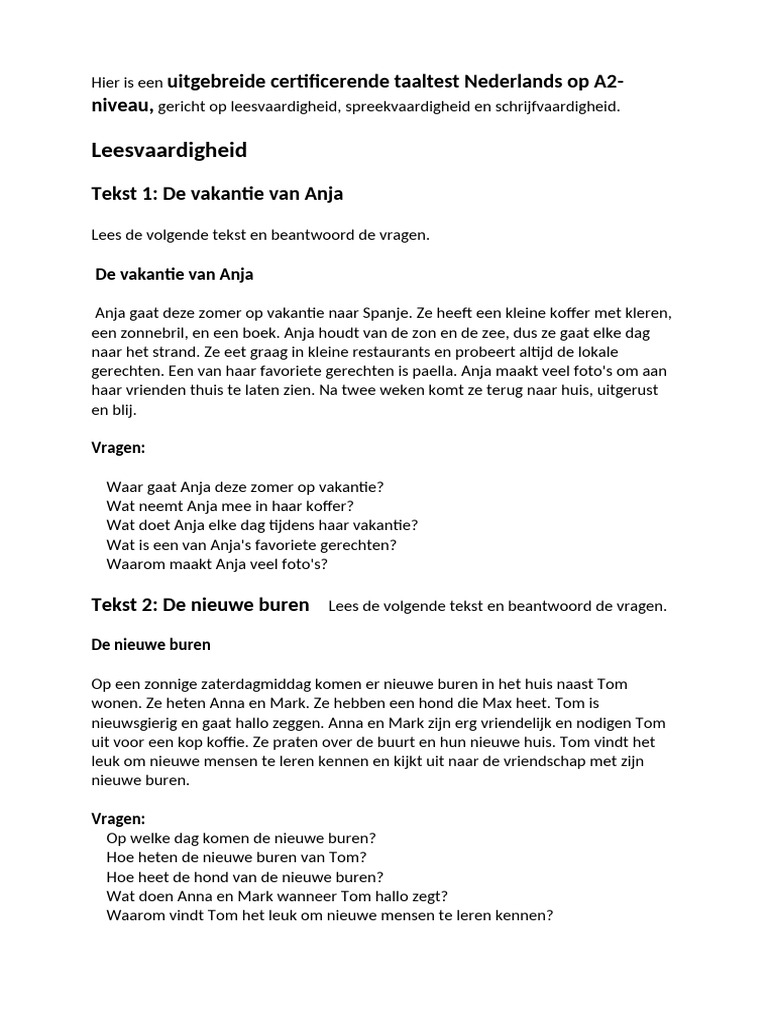 Uitgebreide Certificerende Taaltest Nederlands - A2 Niveau | PDF