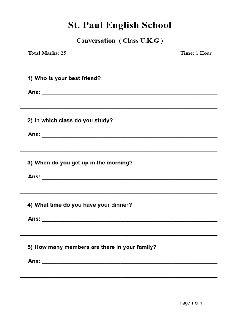 UKG Conversation Questions Worksheet | PDF