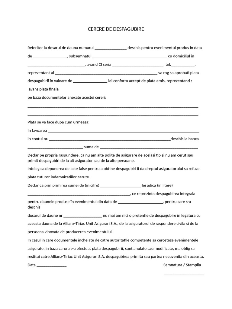 Cerere de Despagubire | PDF