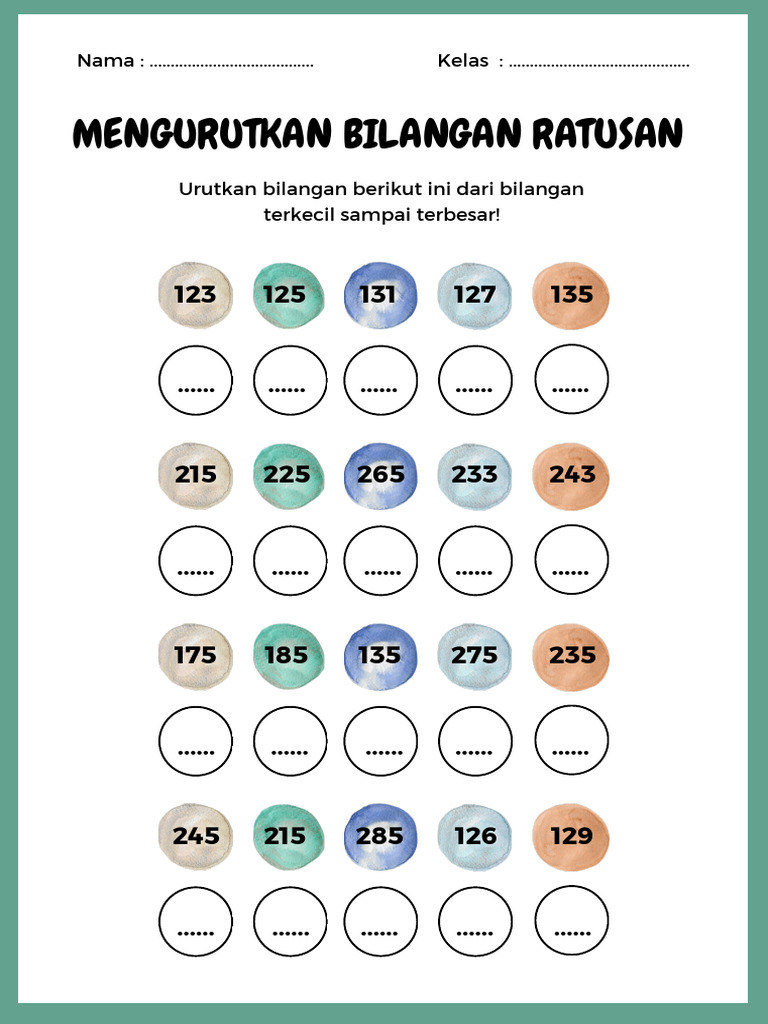 Mengurutkan Bilangan Ratusan Lembar Kerja Hijau Putih Cat Air | PDF