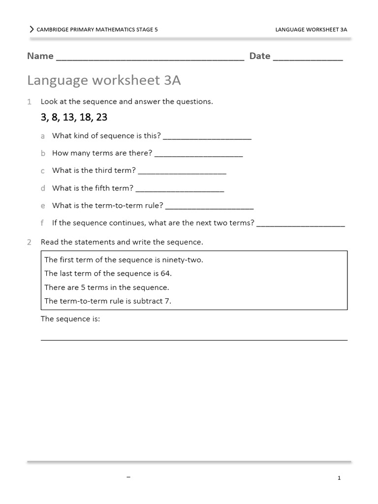 Prim Maths 5 2ed TR Lang Ws 3a | PDF