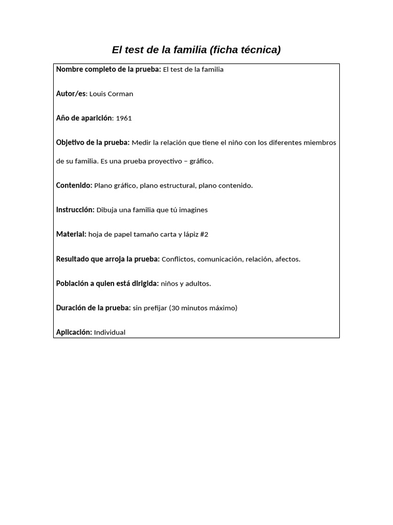 El Test de La Familia - FICHA TECNICA | PDF
