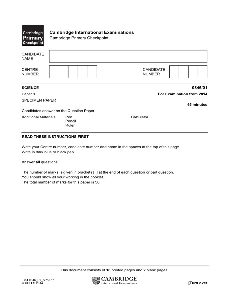Primary Checkpoint Science 0846 Specimen 2014 Paper 1 | PDF