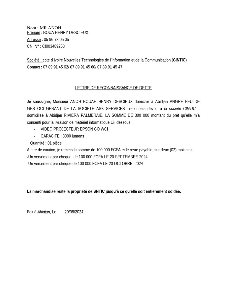 Reconnaissance de DETTE ASK | PDF