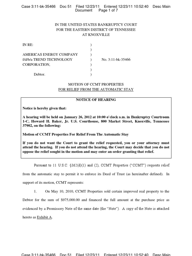 Motion For Relief From Stay On Behalf of Creditor CCMT Properties | PDF ...