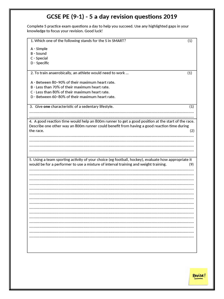 GCSE PE 9 1 5 A Day Exam Questions 2019 11 | PDF