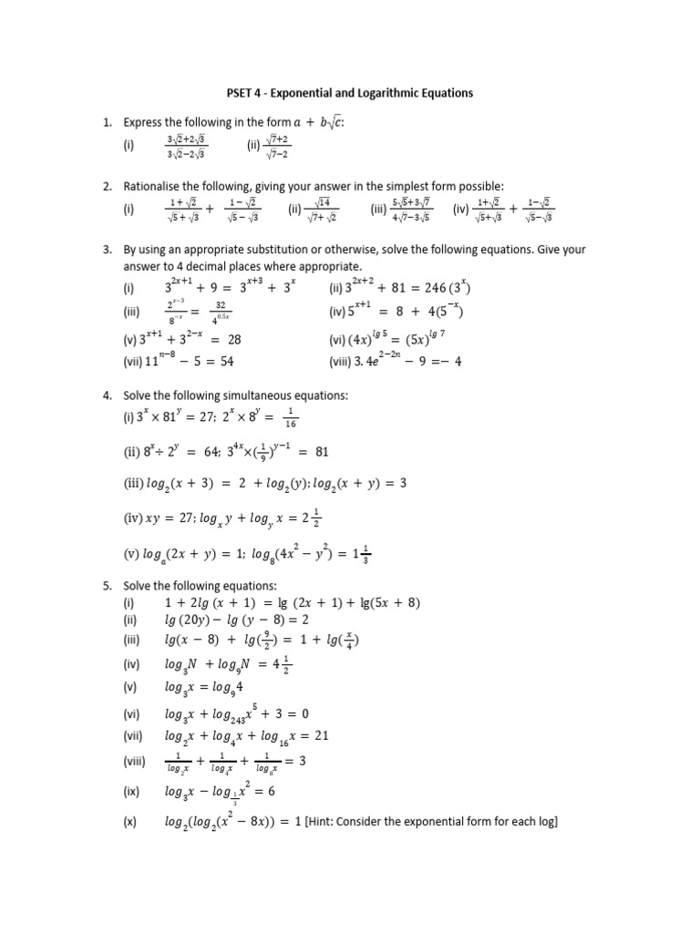 PSET 4 - Exponential and Logarithmic Equations | PDF