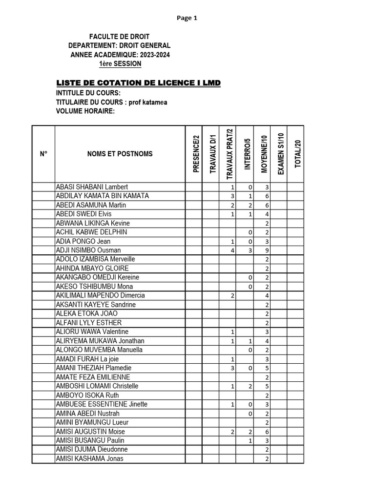Liste Cotation L1 LMD Droit 2023-2024 CORRIGER | PDF