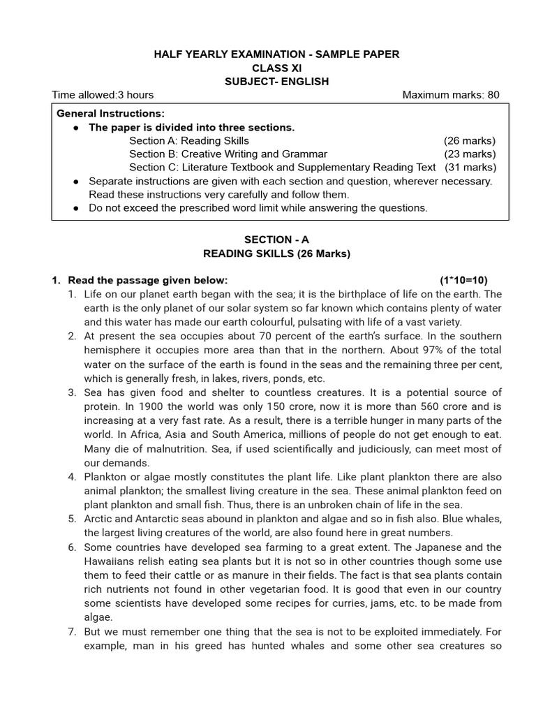 Xi English Sample Paper 2022-23 | PDF