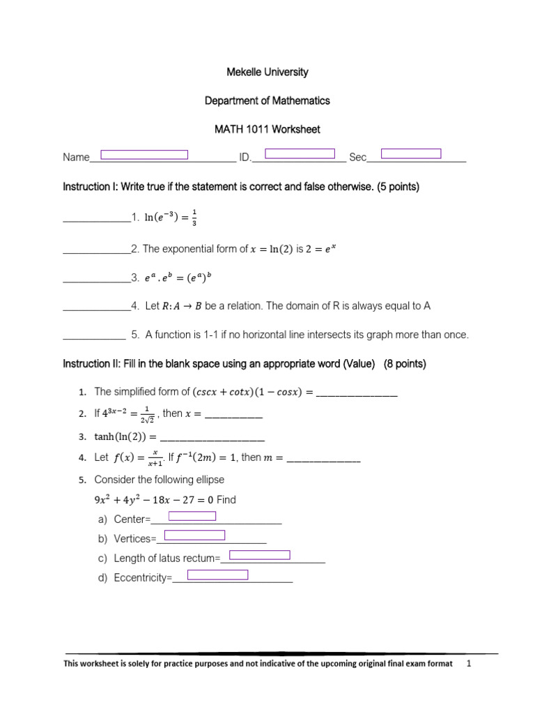 Math 1011 Worksheet Answer Key | PDF | Mathematics | Teaching Methods & Materials