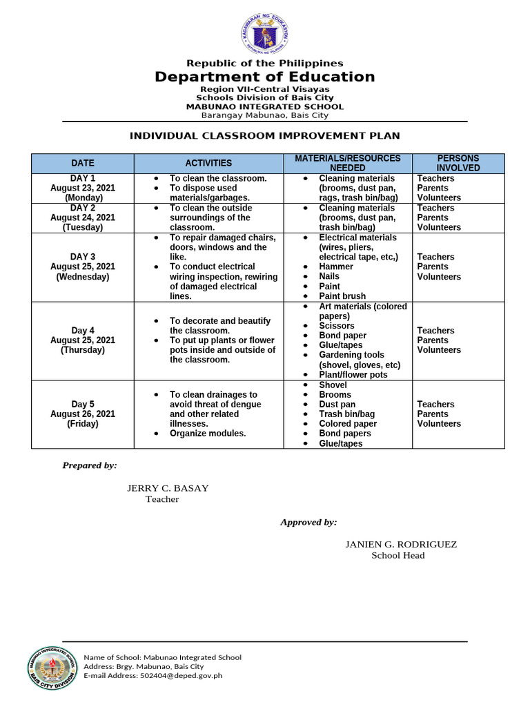 Individual Classroom Improvement Plan | PDF