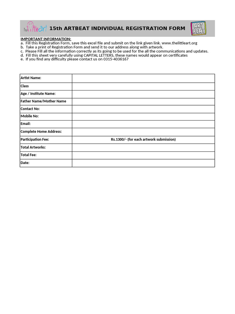 15th ArtBeat Individual Registration Form | PDF