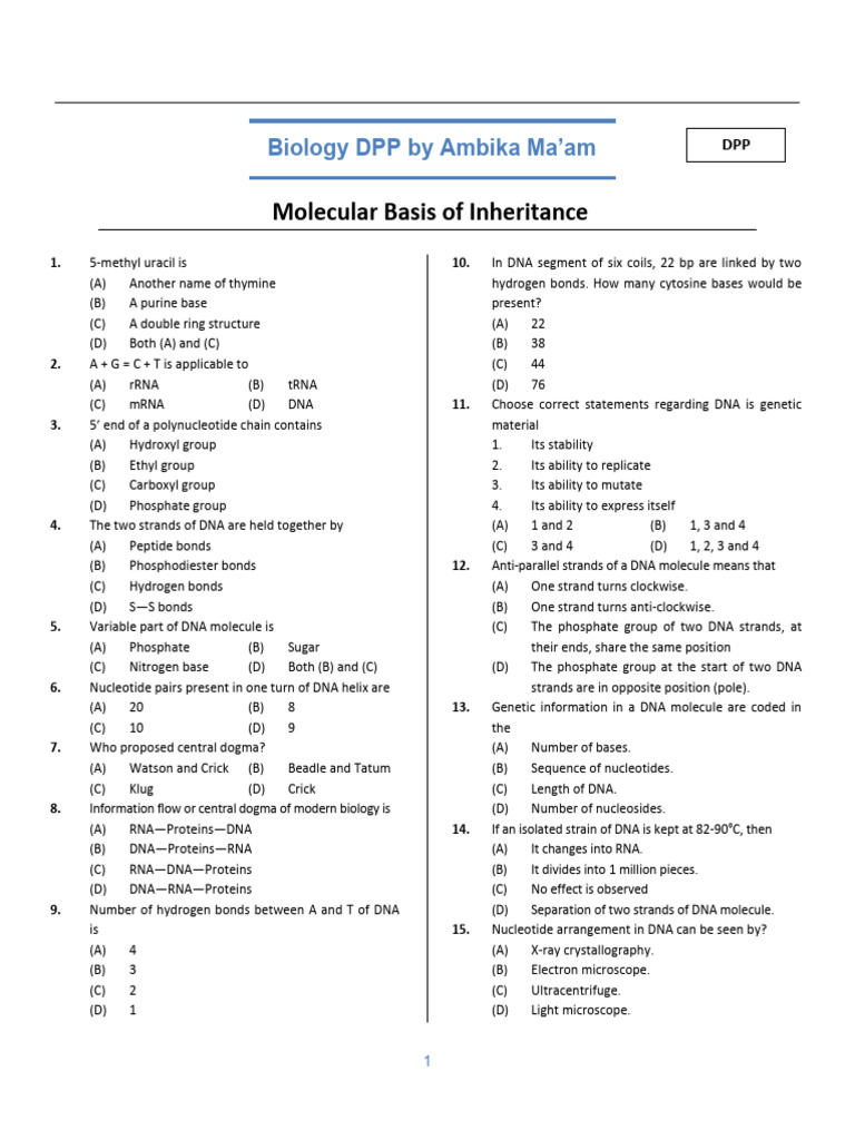 DPP Molecular Basis of Inheritance Biology by Ambika Ma'am | PDF
