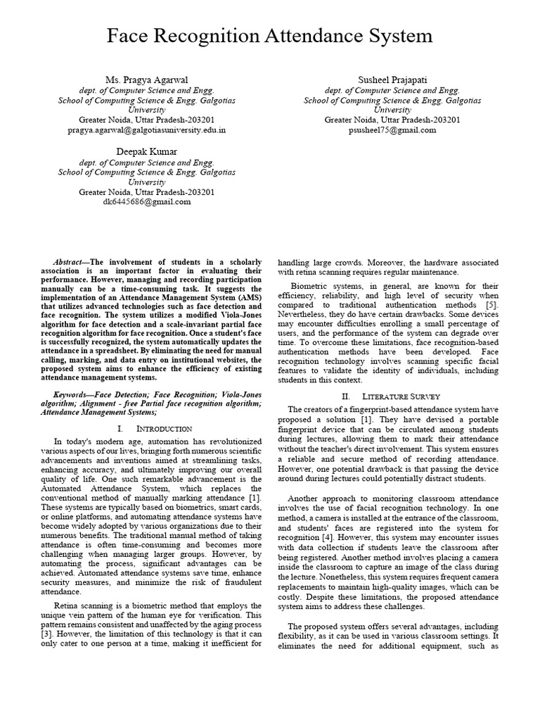 Face Recognition Attendance System Research Paper | PDF | Biometrics ...