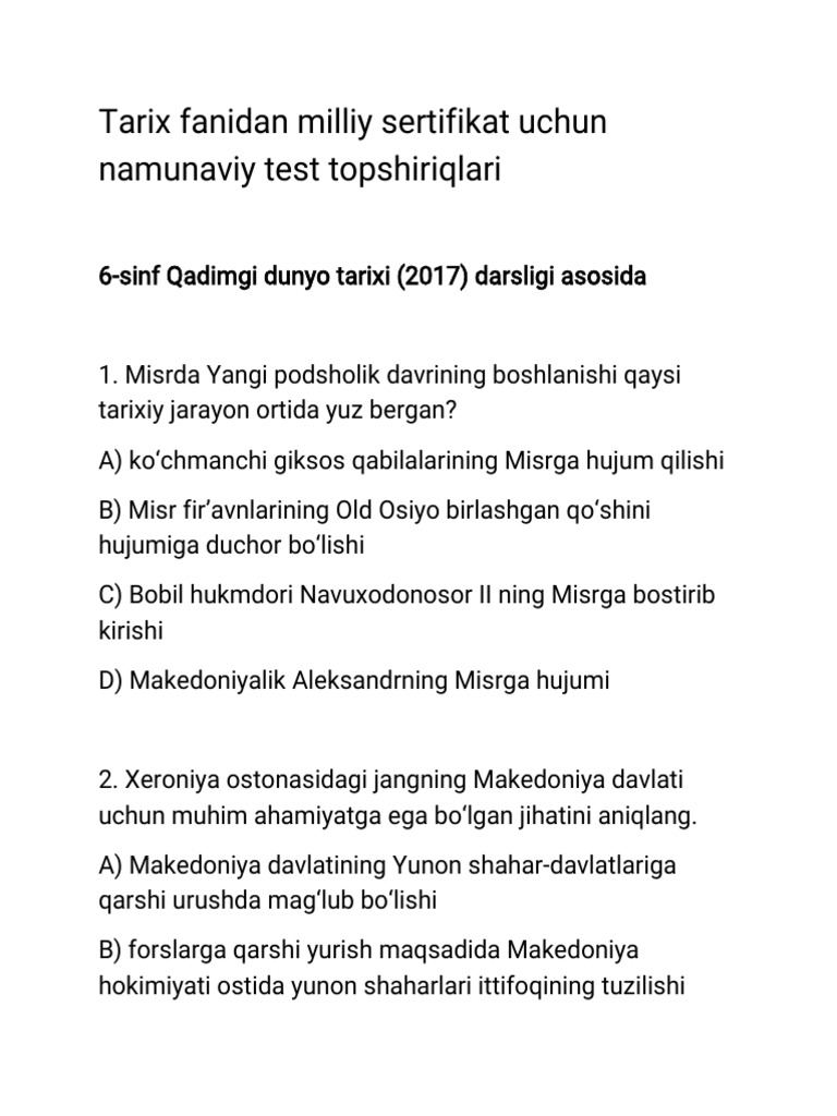 Tarix Fanidan 6-Sinf Testi | PDF