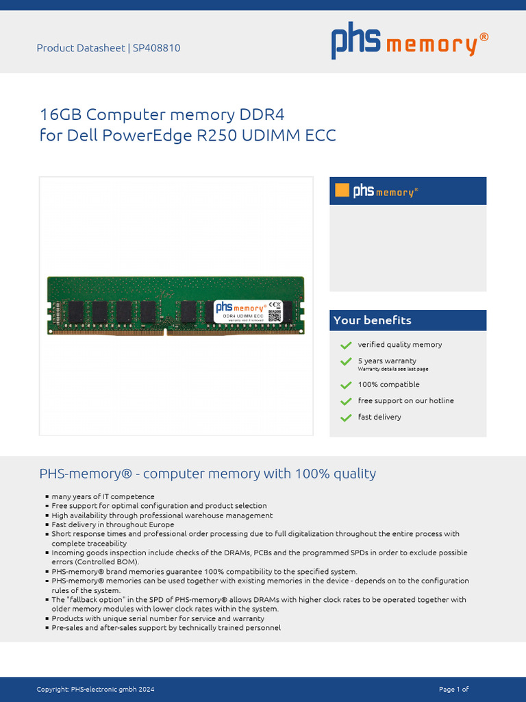16GB Computer Memory DDR4 For Dell PowerEdge R250 RAM UDIMM ECC | PDF