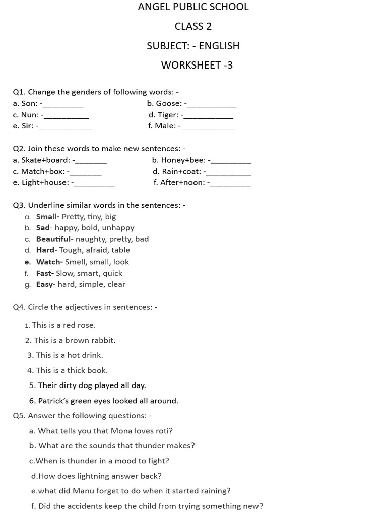 Class 2 Worksheet 3 | PDF