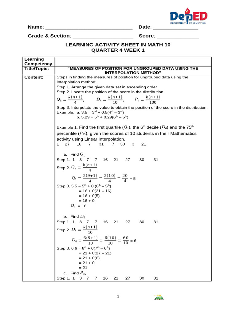 LAS - Math 10 Quarter 4 Week 1 | PDF